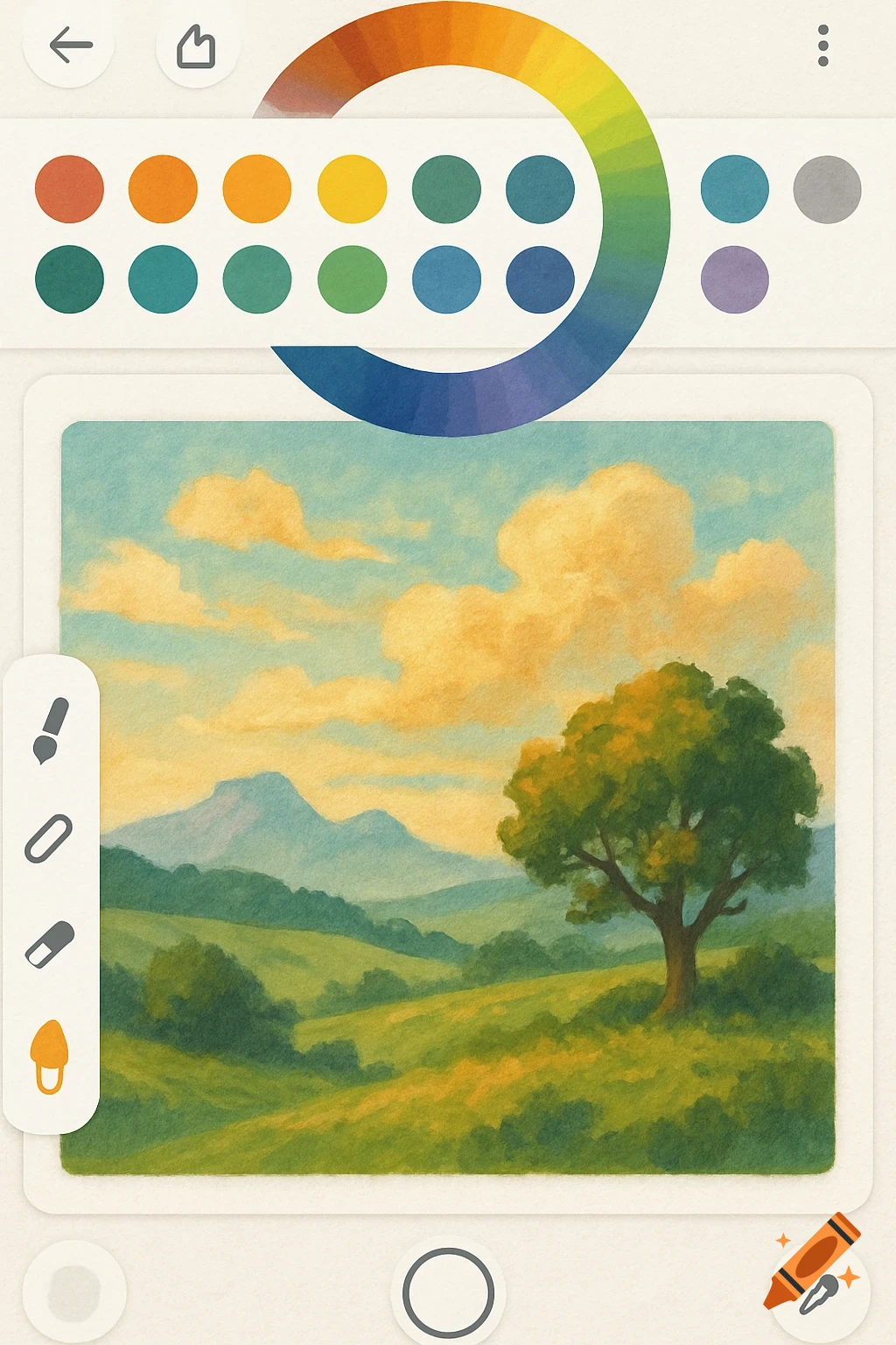 A digital drawing app interface displays a watercolor landscape ...