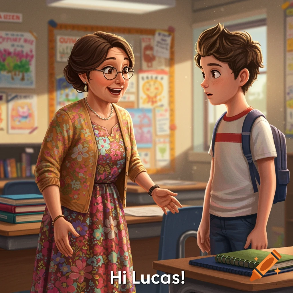 Illustration of a teacher greeting a student in a classroom. Text: Hi Lucas! on Craiyon