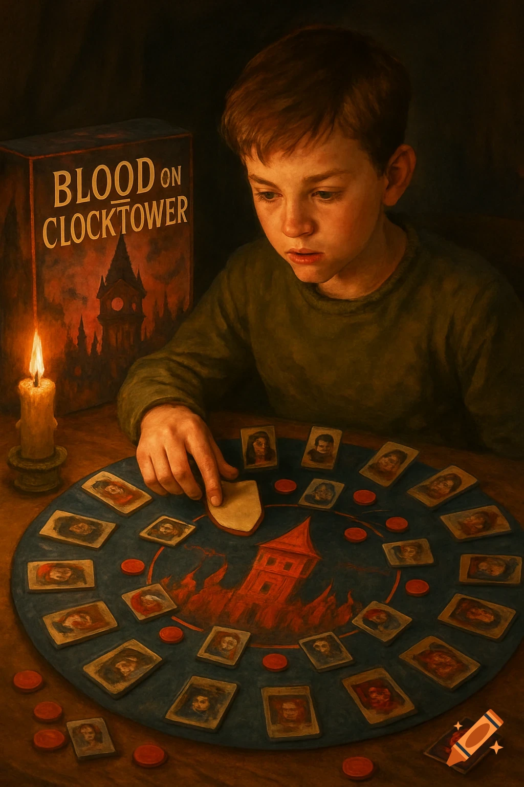 A boy plays the Blood on the Clocktower board game by candlelight in a ...
