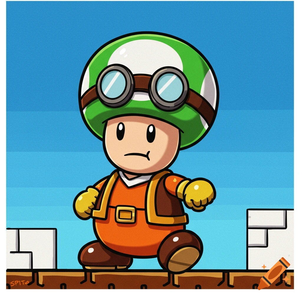 Cartoon character resembling Toad from Mario, wearing goggles and orange outfit, walks on a ...