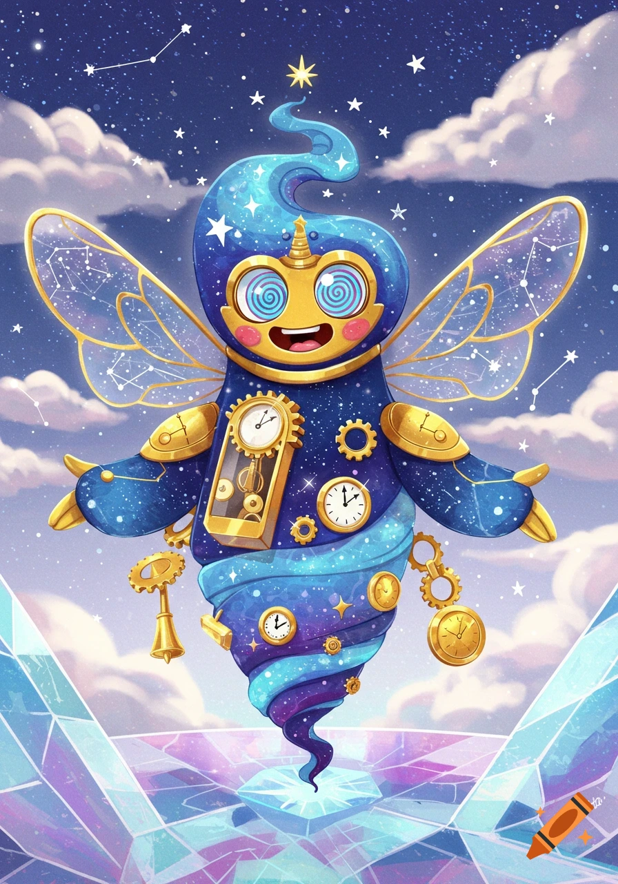 Cartoon time monster with wings and clocks floating over crystals under ...