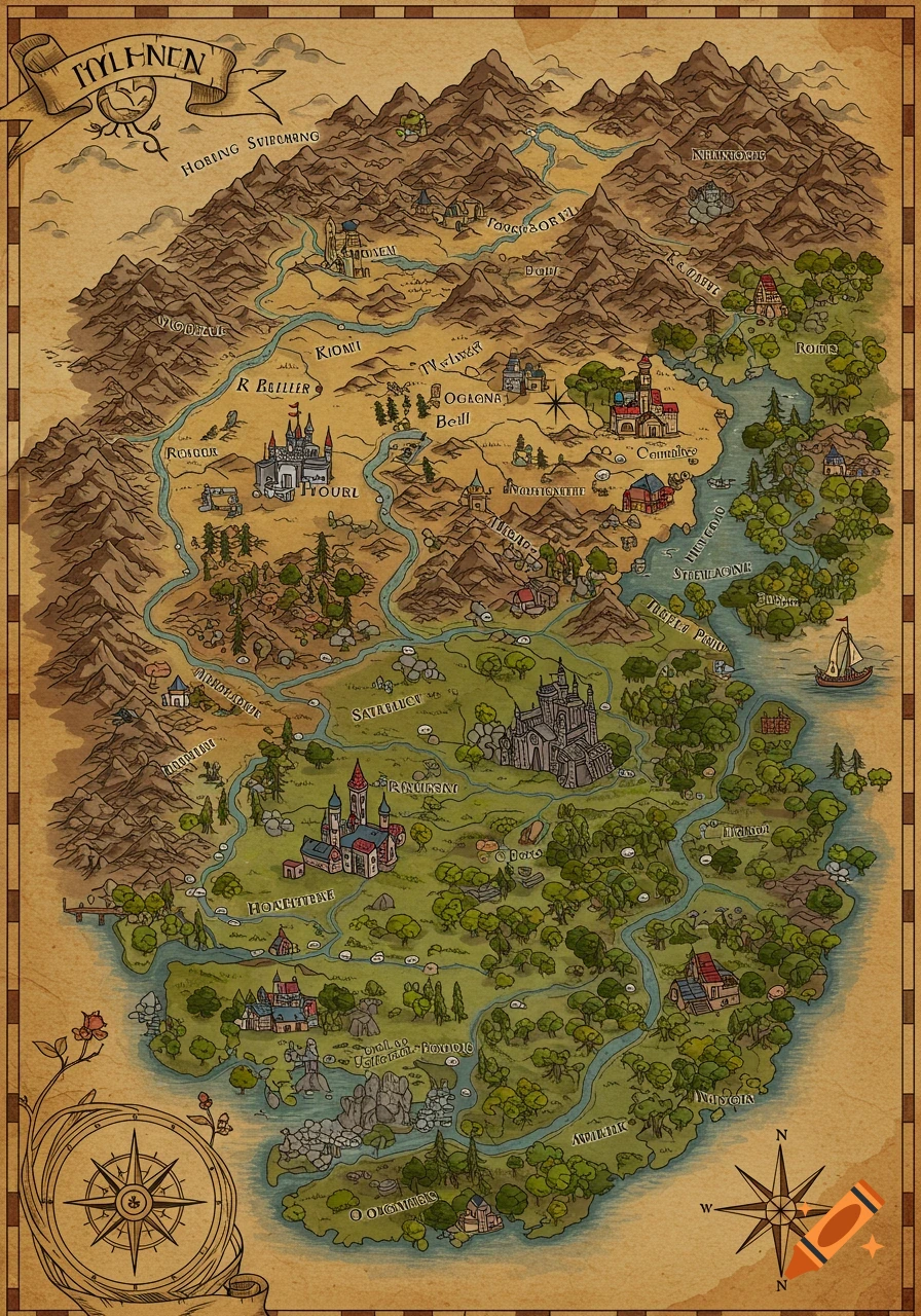 Detailed hand-drawn fantasy map with mountains, rivers, forests, castles, and towns. on Craiyon