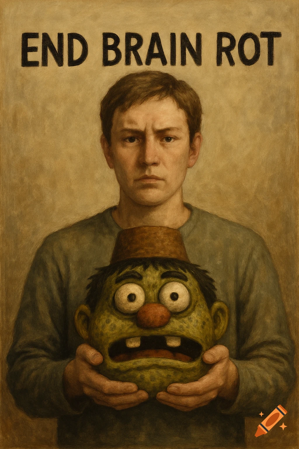 Serious man holding a green puppet head with large eyes under the text ...