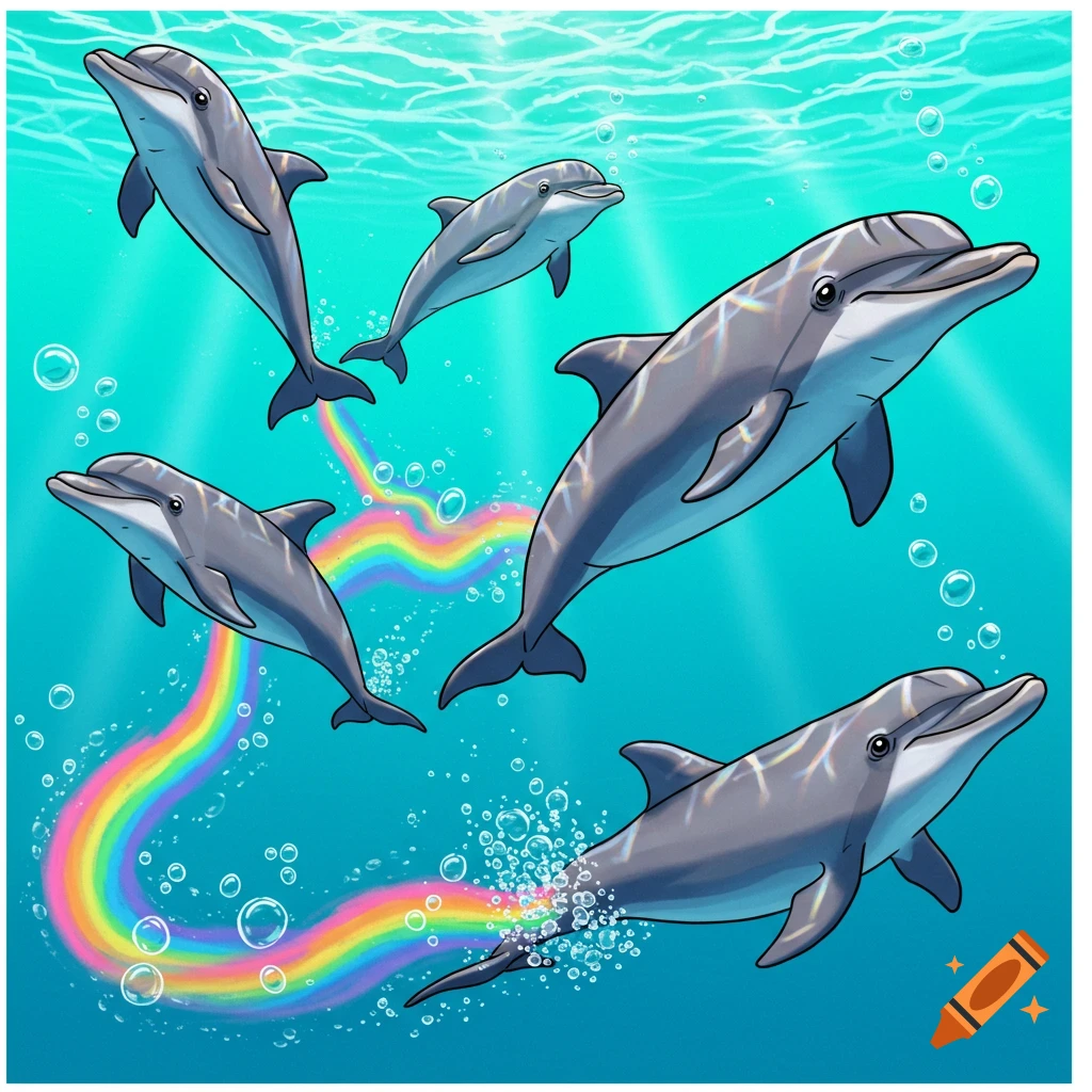 Five cartoon dolphins swimming underwater with a rainbow trail on Craiyon