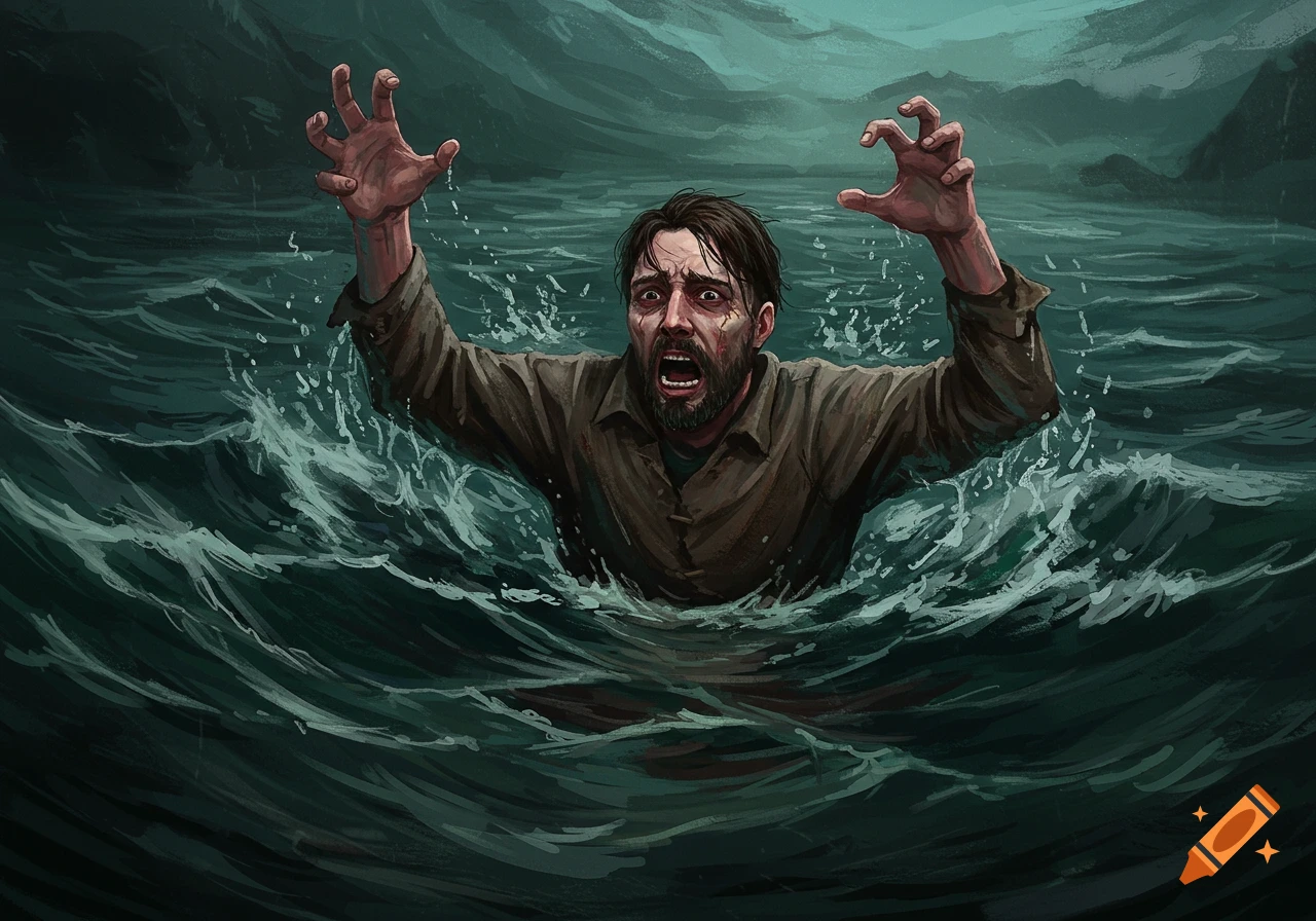 Illustrated man drowning in dark, choppy water, reaching upwards with ...
