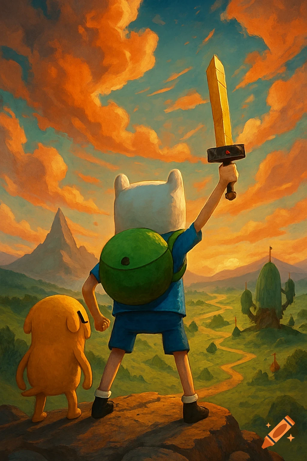Painting of Finn holding a sword and Jake standing on a rock ...