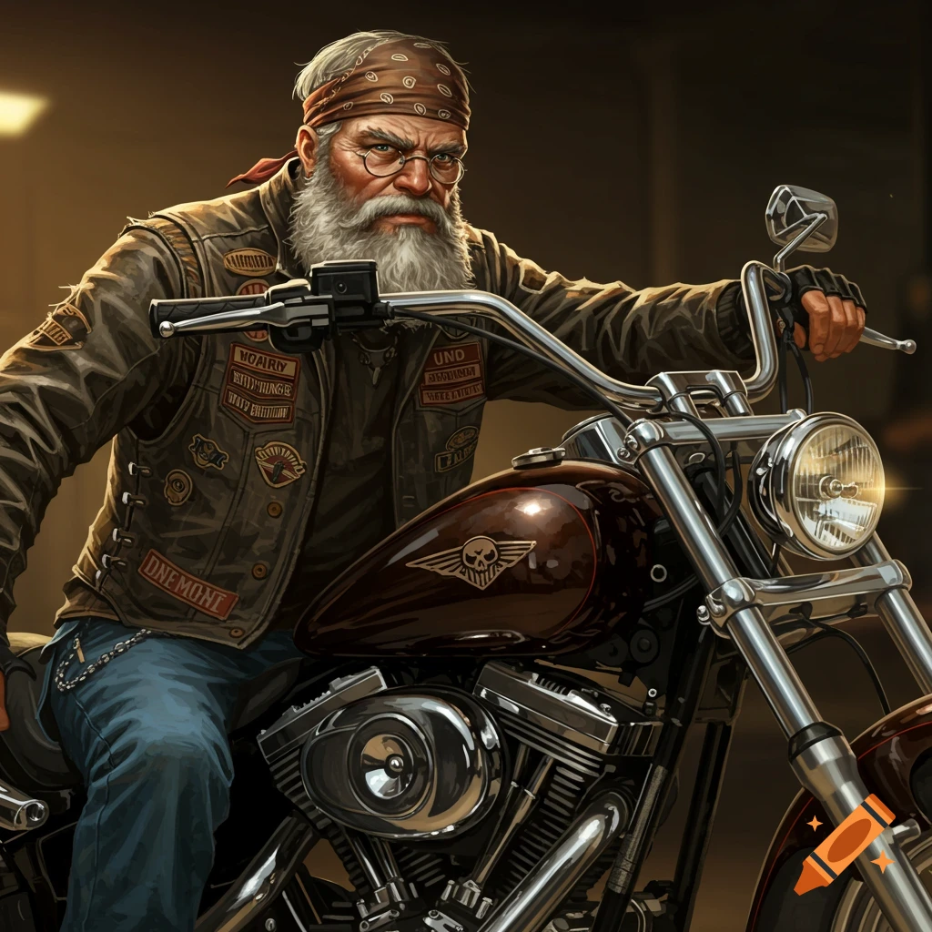 Illustrative portrait of an old man with a beard and bandana riding a ...