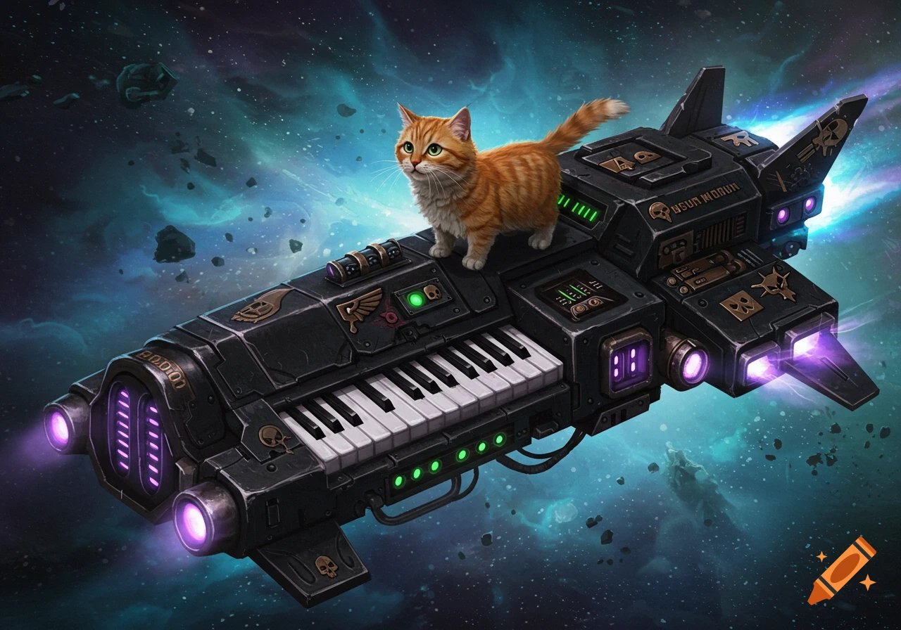 An orange cat rides a space synth spaceship in a detailed Warhammer 40k ...
