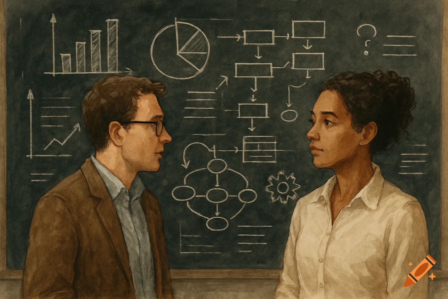 Illustration of two colleagues in front of a blackboard covered in ...