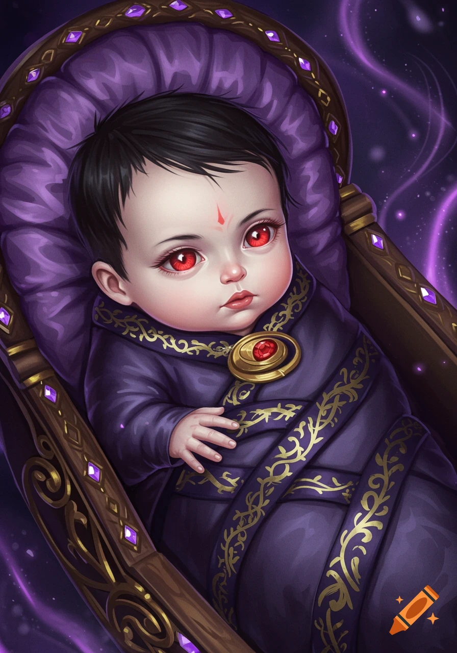 Illustration of a fantasy baby with red eyes in an ornate crib ...