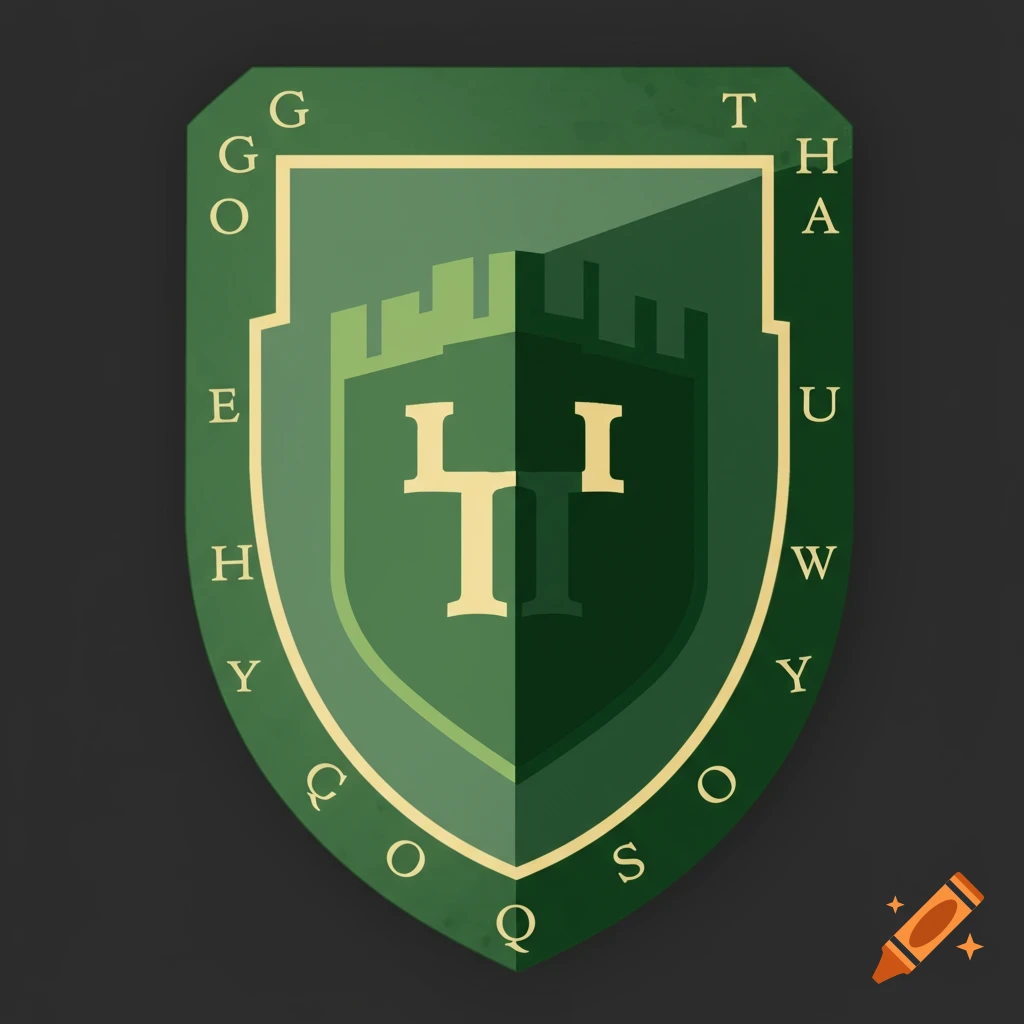 Green shield emblem with castle silhouette and central cross-like shape ...
