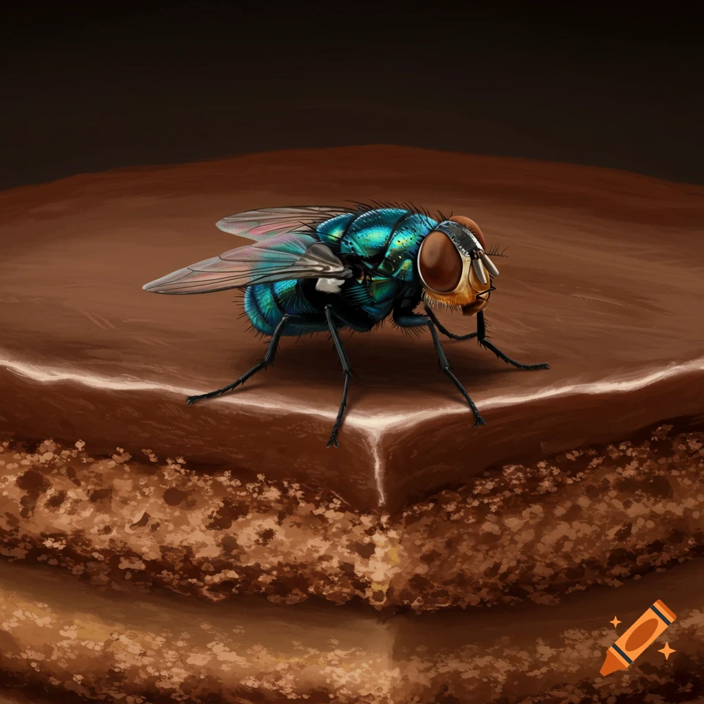A detailed illustration of a blue-green fly sitting on a chocolate cake ...