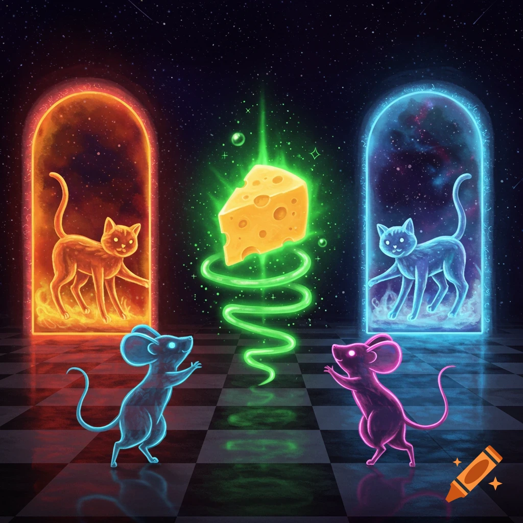 Glowing blue and pink mice reach for floating cheese between fiery red ...