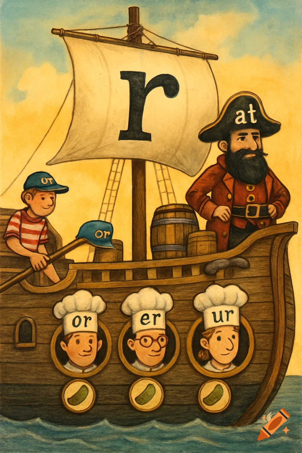 Illustration of pirates and kids on a ship with letters on sails and ...