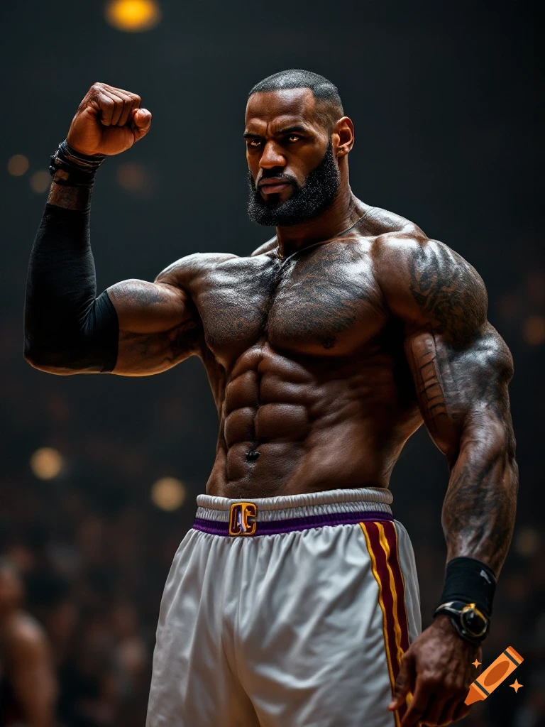 LeBron James flexing his heavily muscled arm on a basketball court. on ...