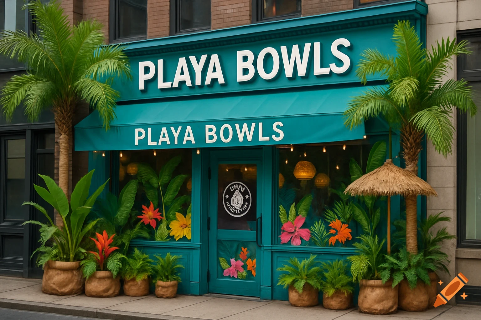Exterior view of a tropical themed restaurant called Playa Bowls in a ...