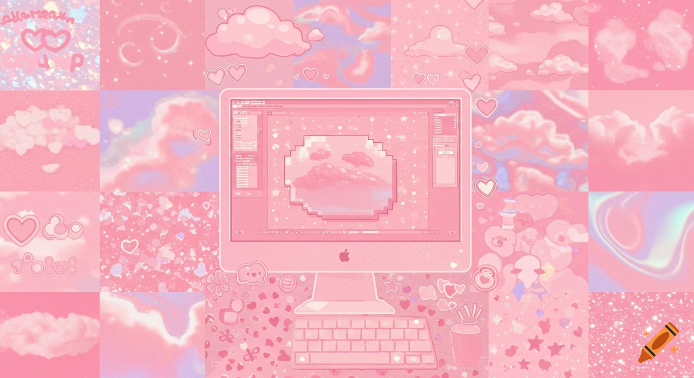 Pink aesthetic collage featuring a computer, keyboard, clouds, hearts ...