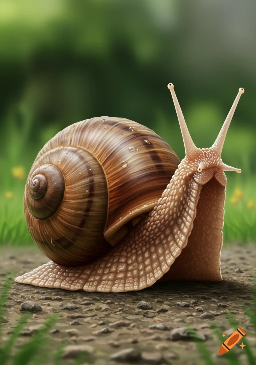 A realistic close-up of a large snail crawling on the ground. on Craiyon