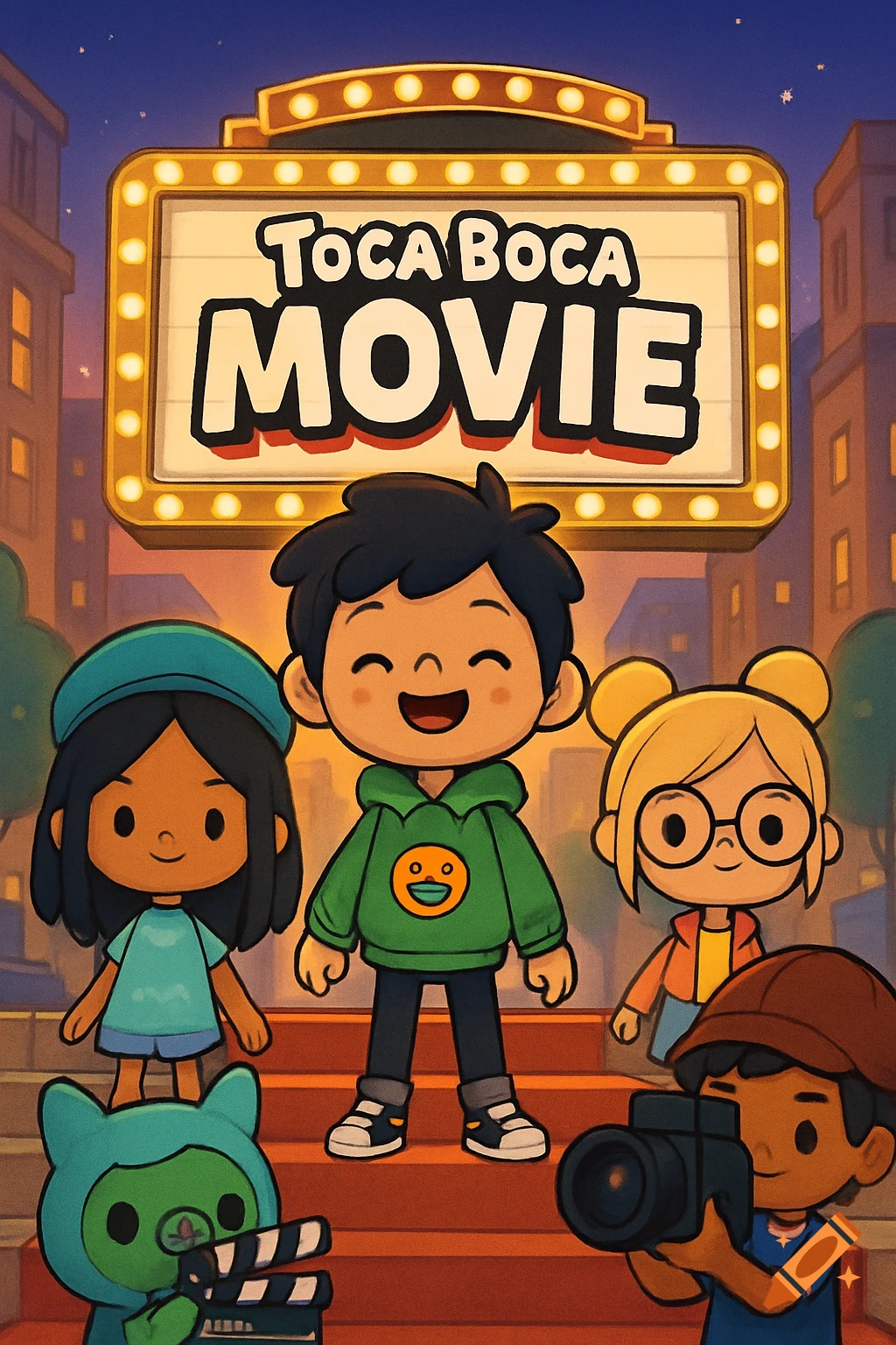 Cartoon characters in Toca Boca style stand in front of a movie theater ...