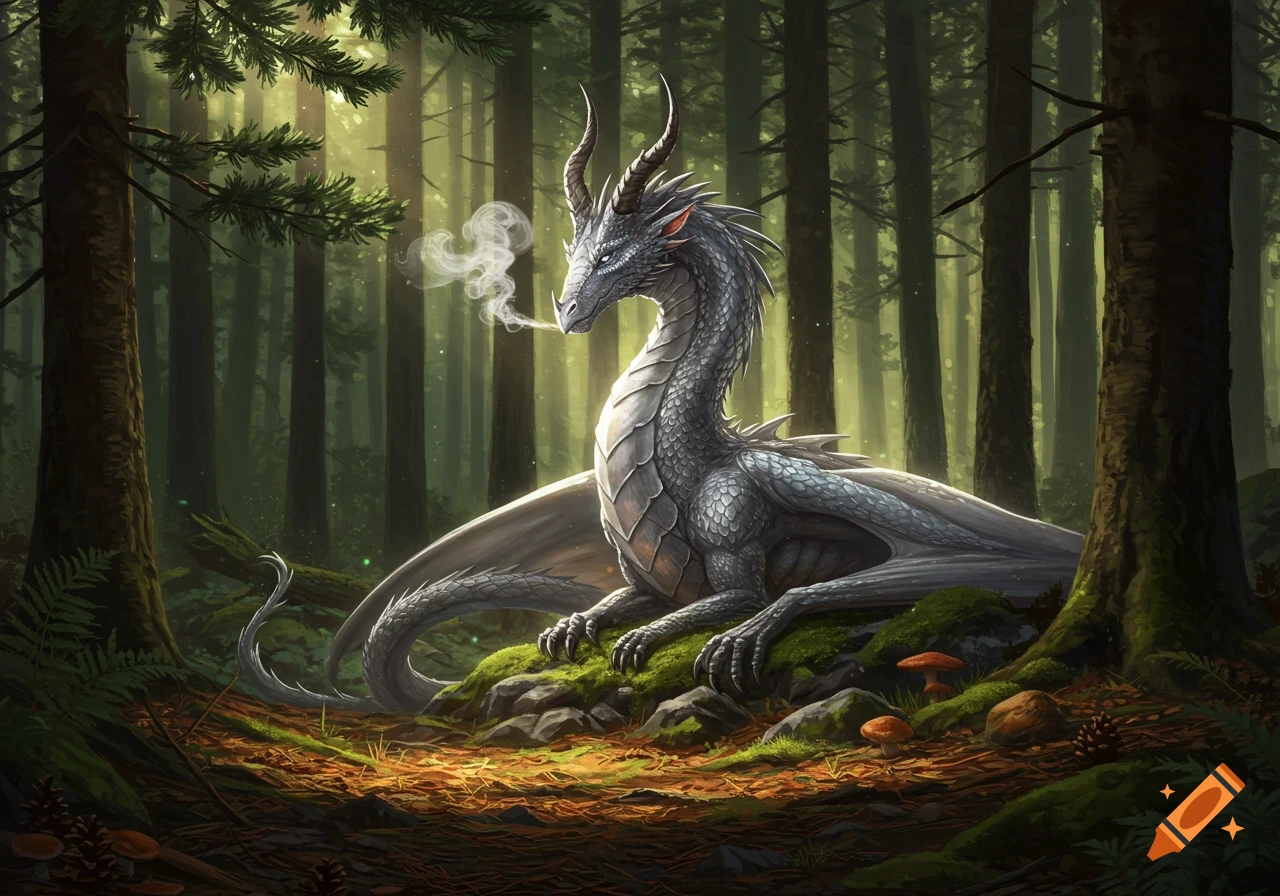 A silver-scaled dragon sits in a sunlit pine forest, smoke rising from ...