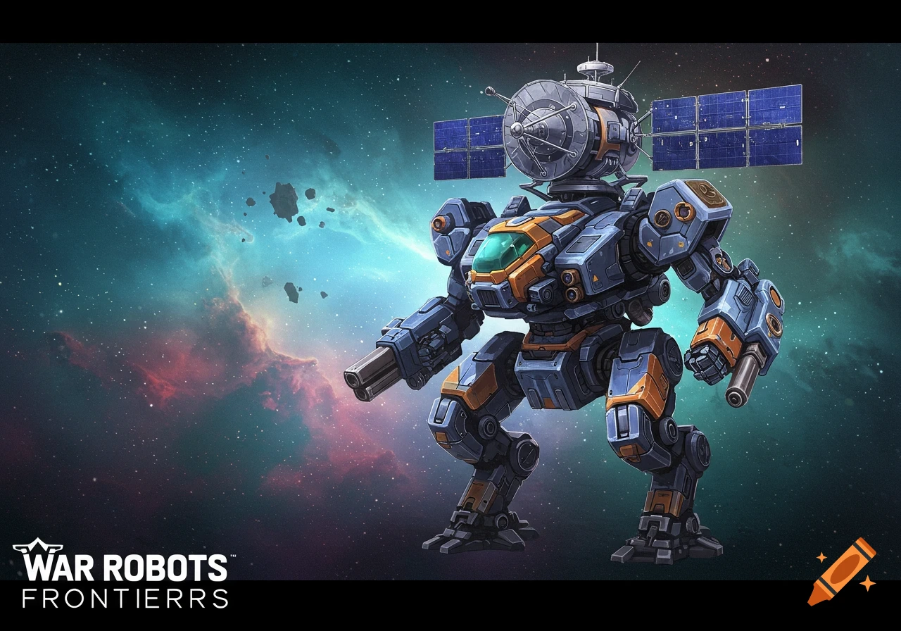 Blue and orange mech robot with a satellite backpack standing in space ...