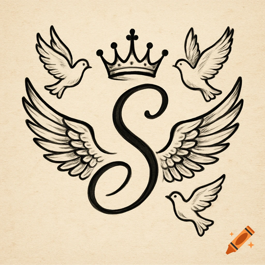 Cursive letter S with angel wings, crown, and doves in a black and ...