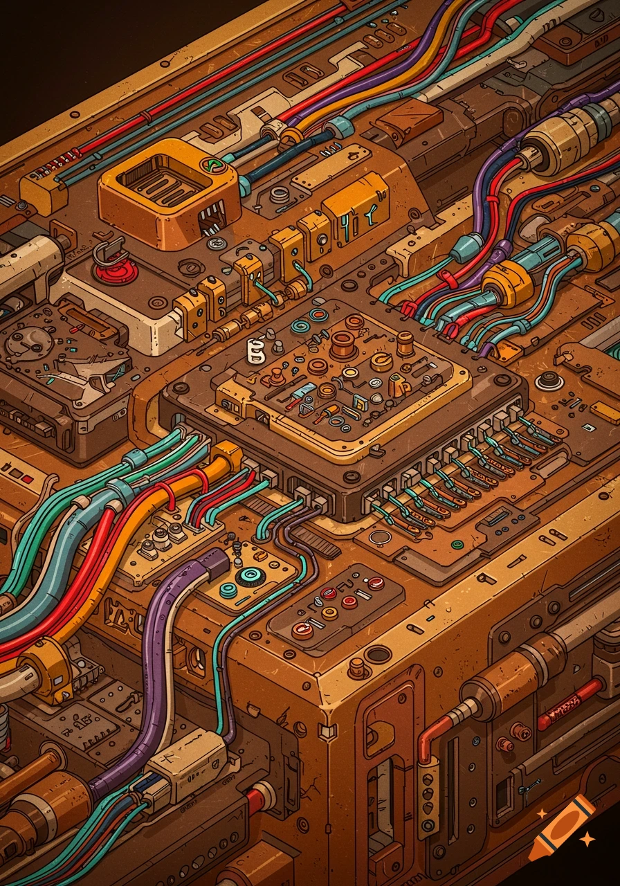 Close-up illustration of complex mechanical components and wires. on ...
