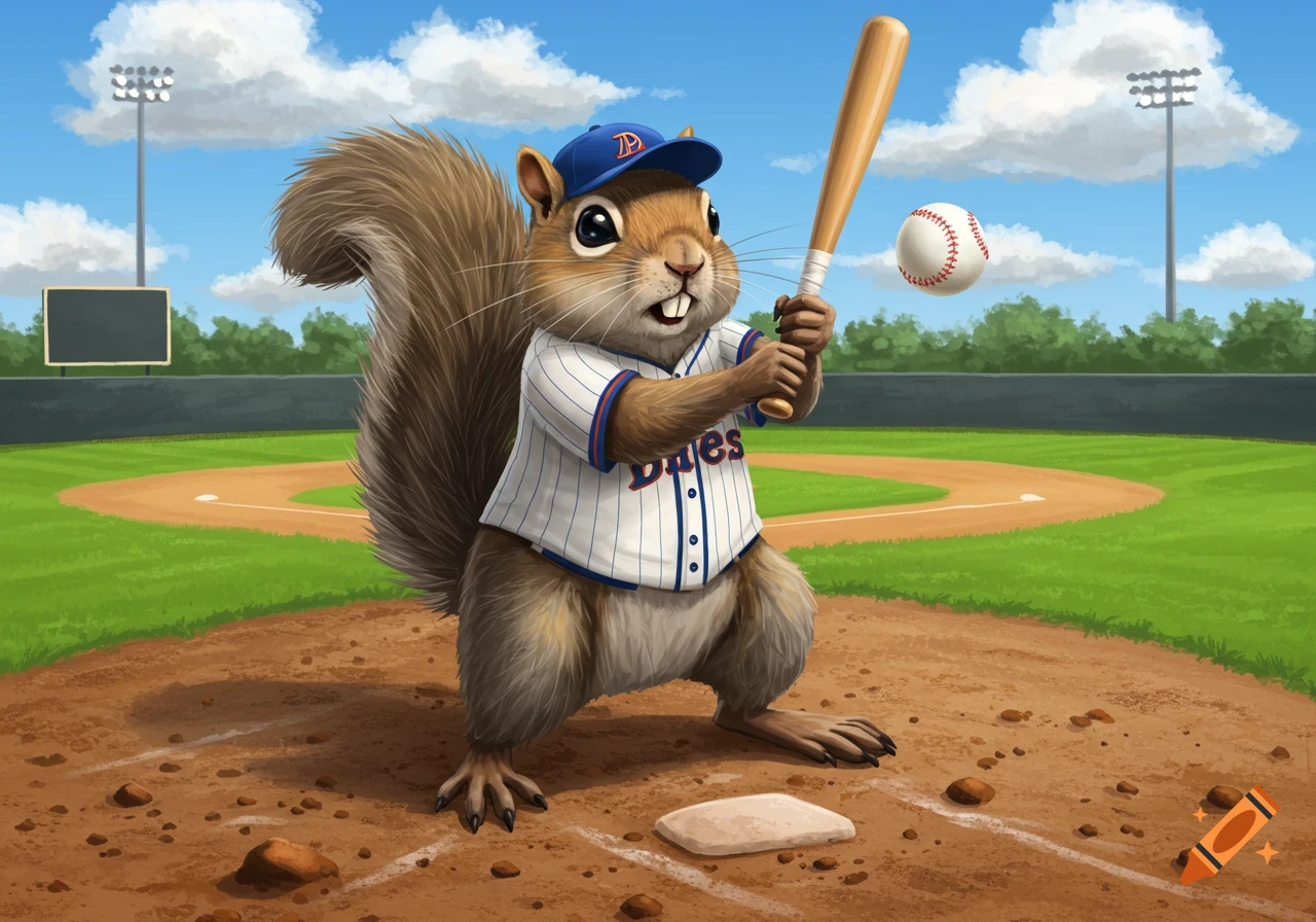 Squirrel in baseball uniform swings a bat at a baseball on a field. on ...