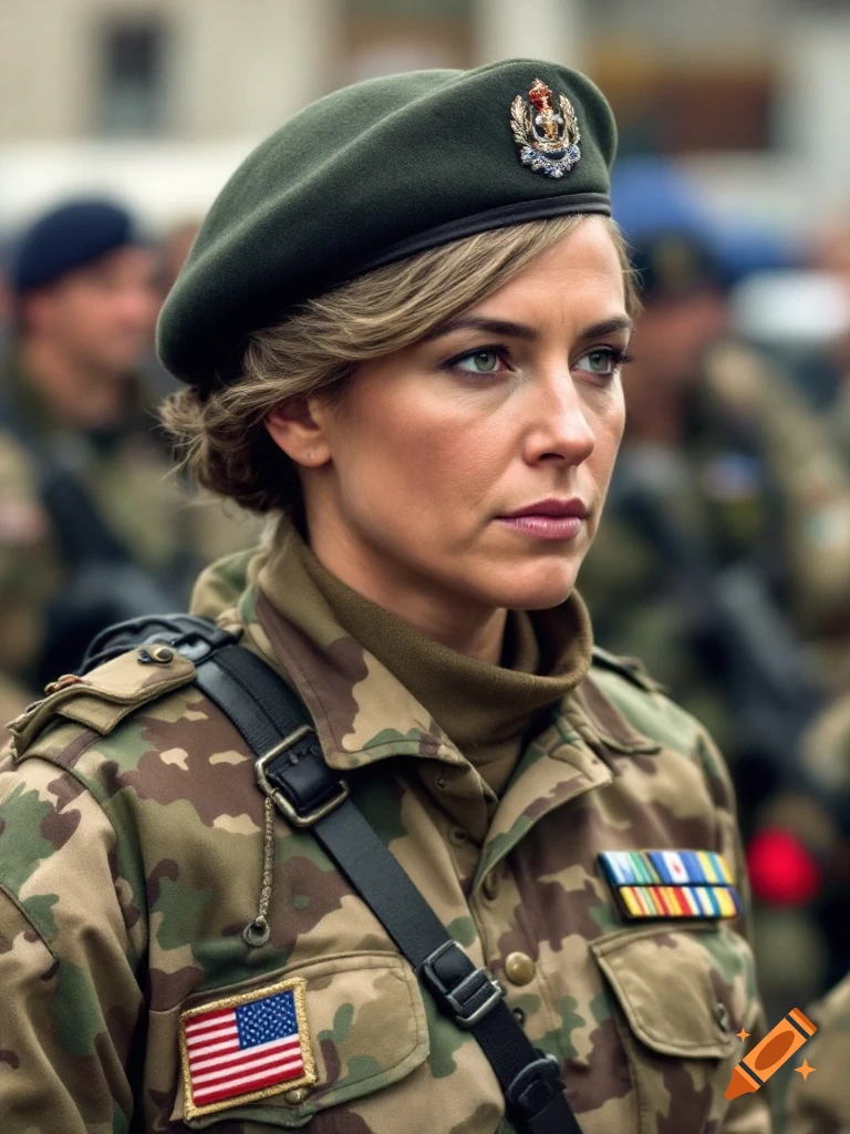 Close-up portrait of a woman in a military uniform with a green beret and US flag patch. on Craiyon
