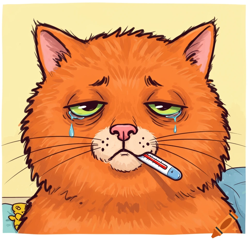 Cartoon portrait of a sick orange cat with a thermometer in its mouth and tears. on Craiyon