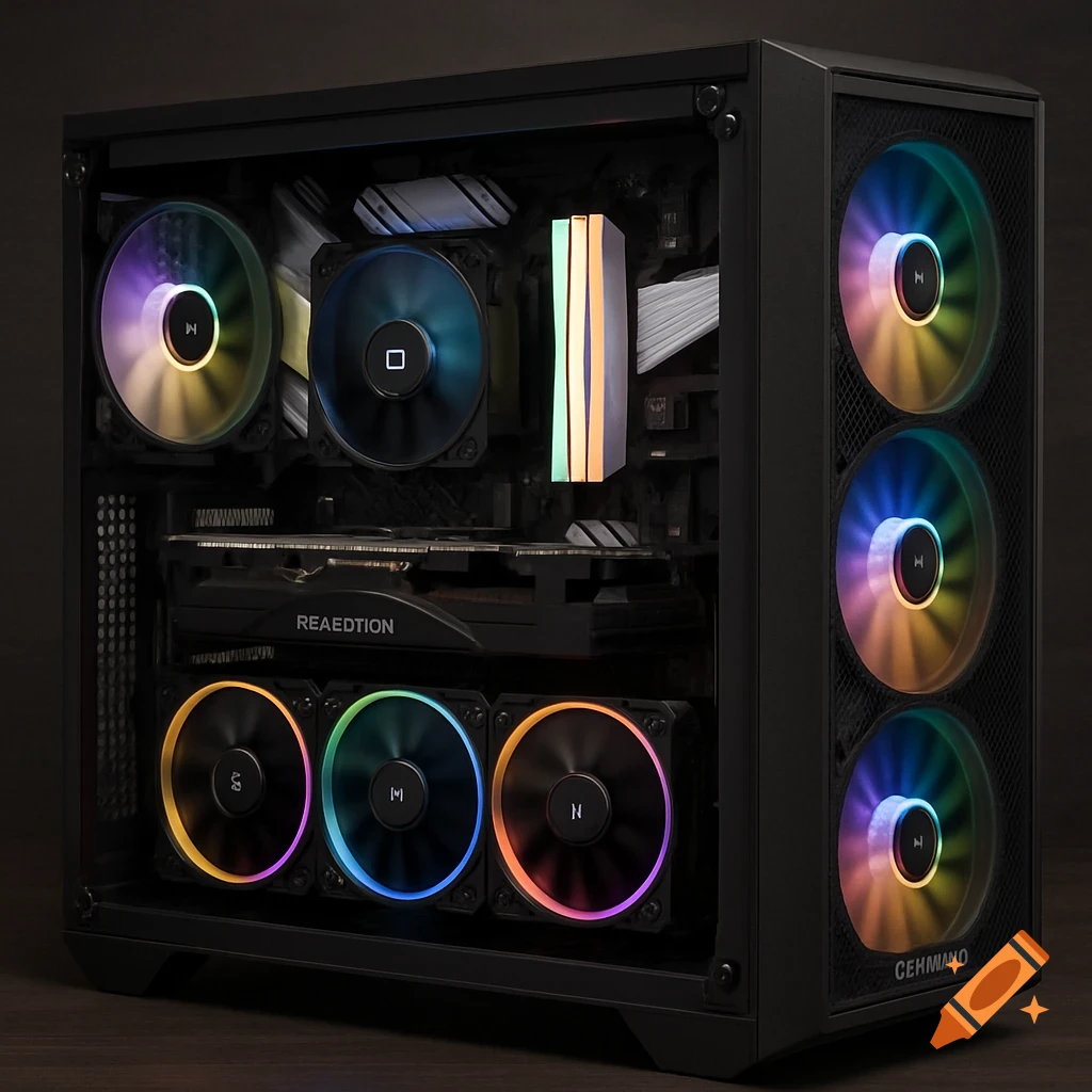 Interior view of a black PC case with RGB lighting on fans and memory ...