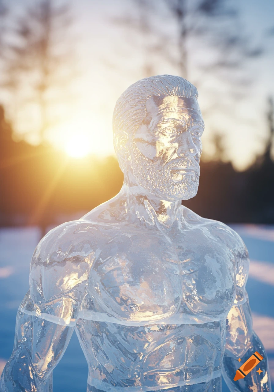 Detailed ice sculpture of a muscular man under a sunny sky on Craiyon