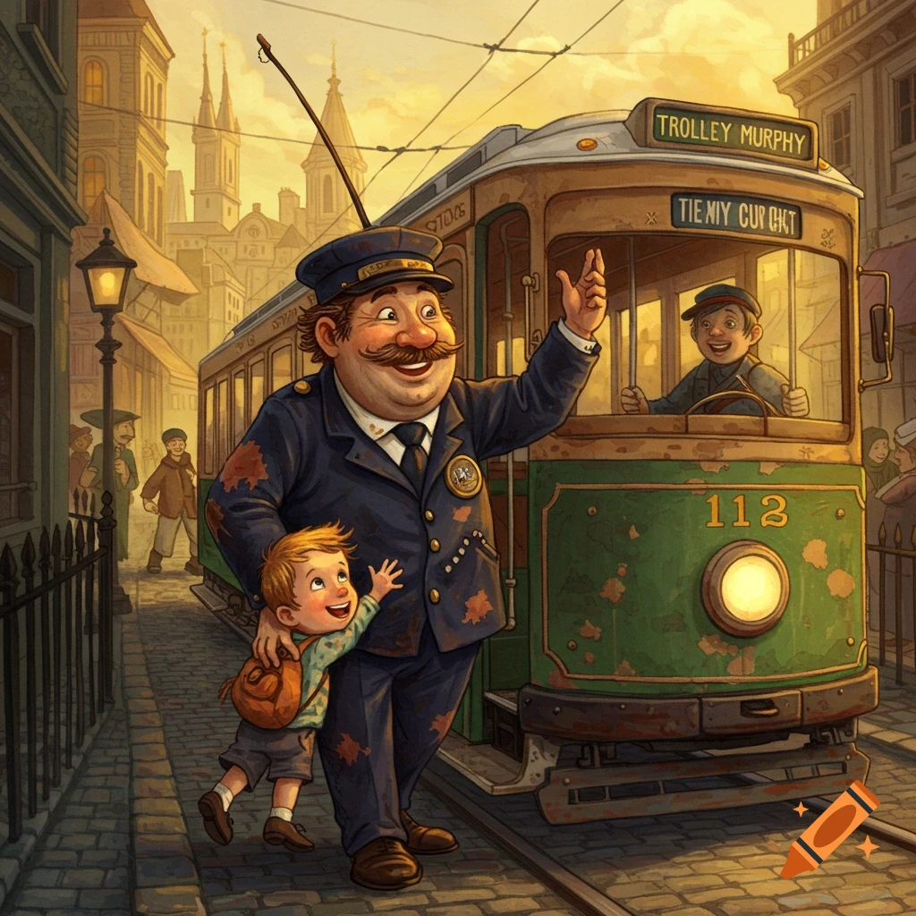 Cheerful trolley conductor waves, holding a boy next to a green trolley ...