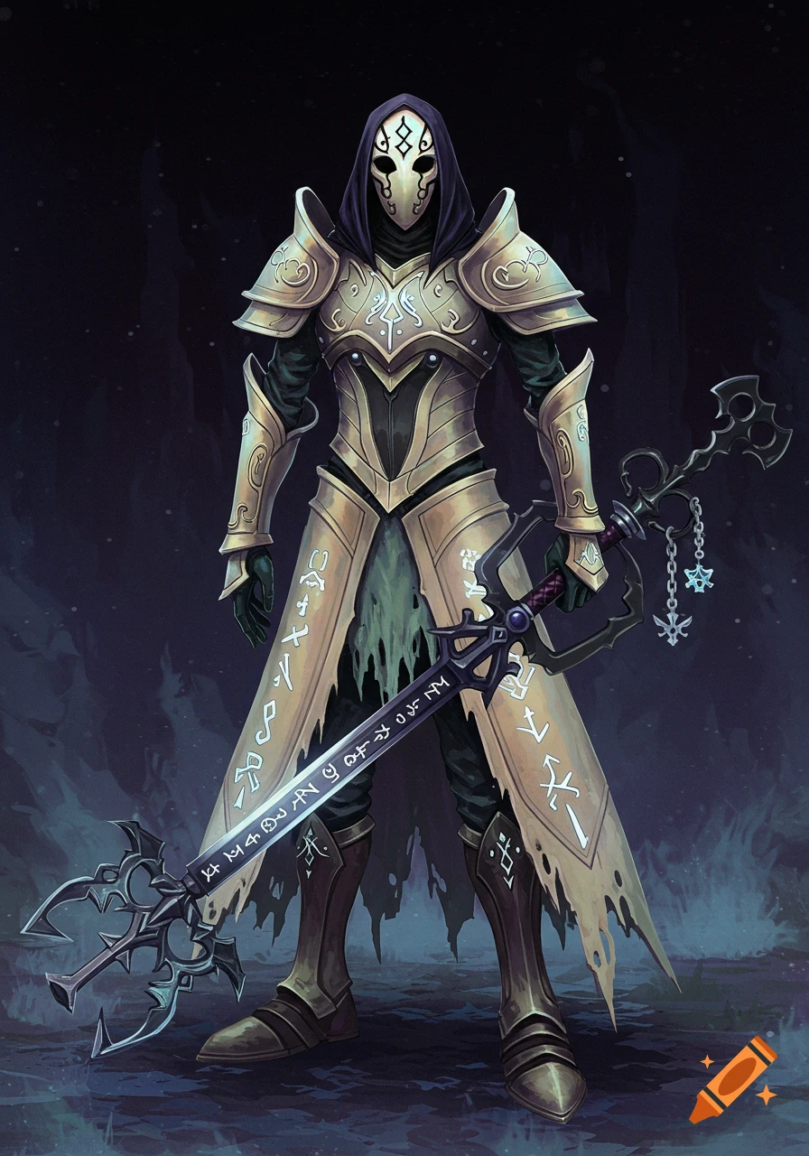 A masked figure in ornate golden armor stands holding a large dark ...