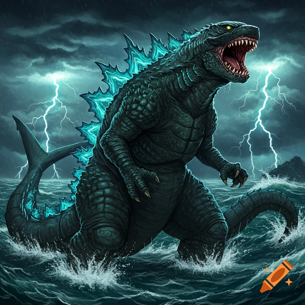 A large, dark monster resembling Godzilla with a shark tail rises from ...