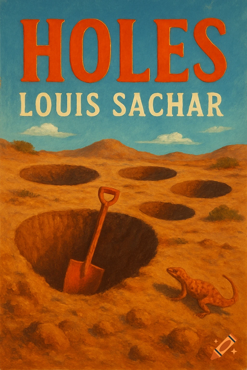 Book cover for Holes by Louis Sachar showing a desert with holes, a ...