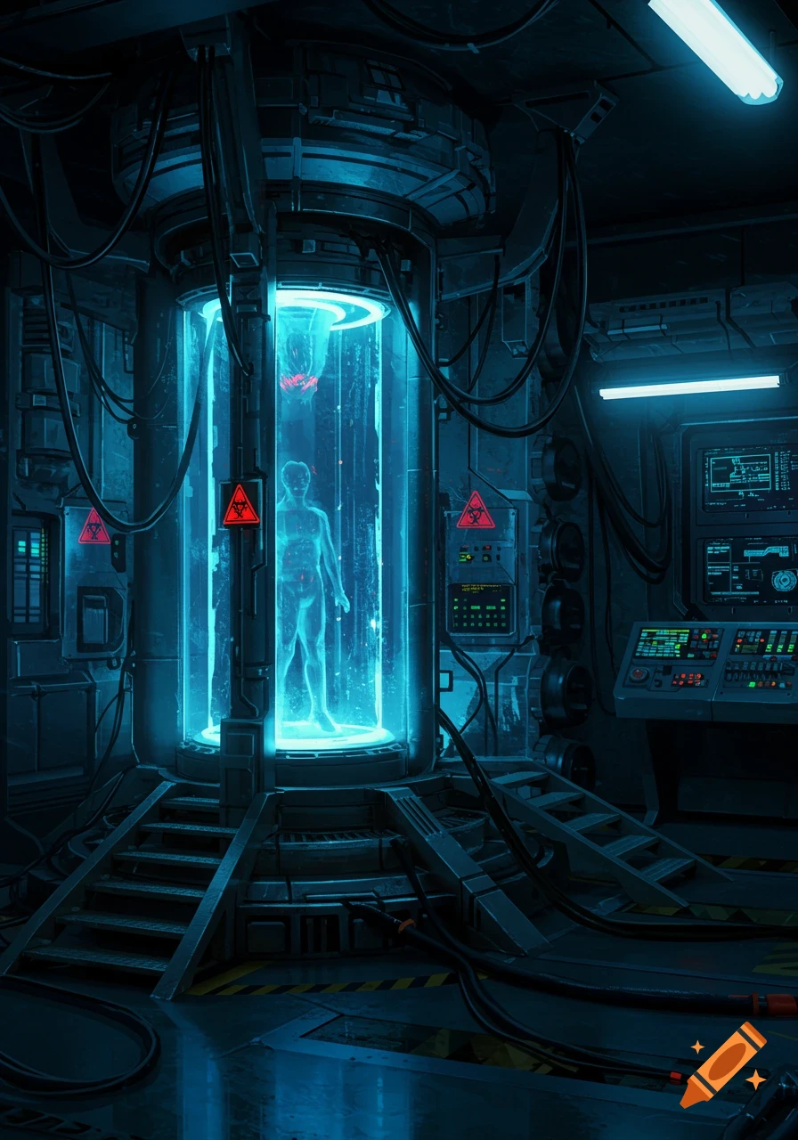 Human figure in a glowing blue transformation chamber in a dark sci-fi ...