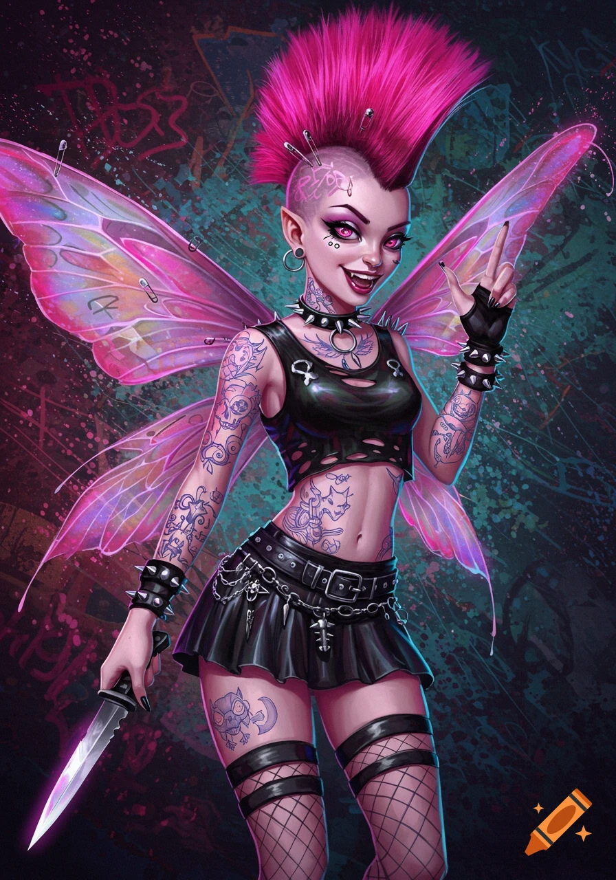Illustration of a punk rock fairy girl with pink mohawk, tattoos, wings ...