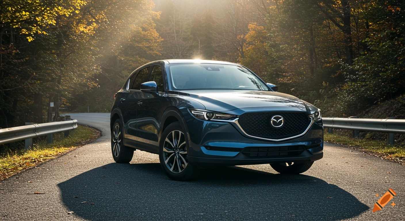 Blue Mazda CX-5 on a road in a forest at sunset on Craiyon