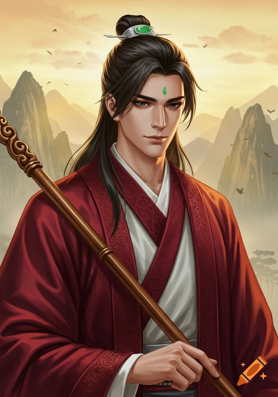 Portrait of a handsome man in red and white traditional robes holding a ...