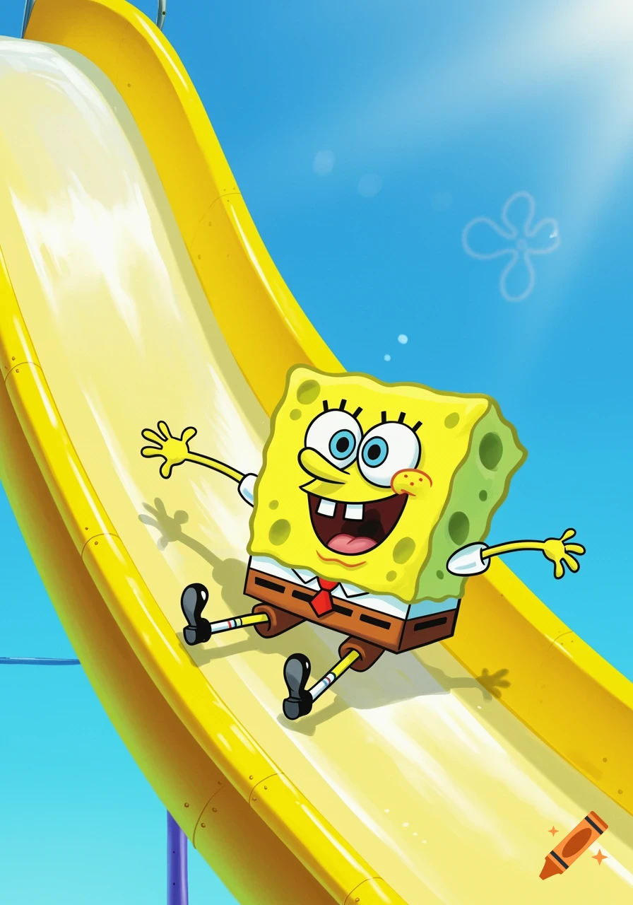 SpongeBob SquarePants slides down a yellow water slide on Craiyon