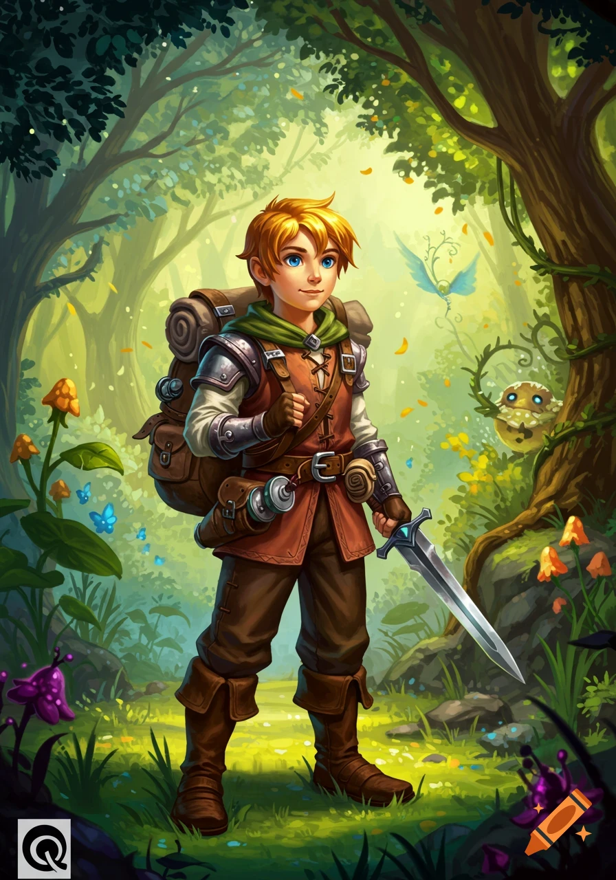Young adventurer with a backpack and sword stands in a sunlit fantasy ...