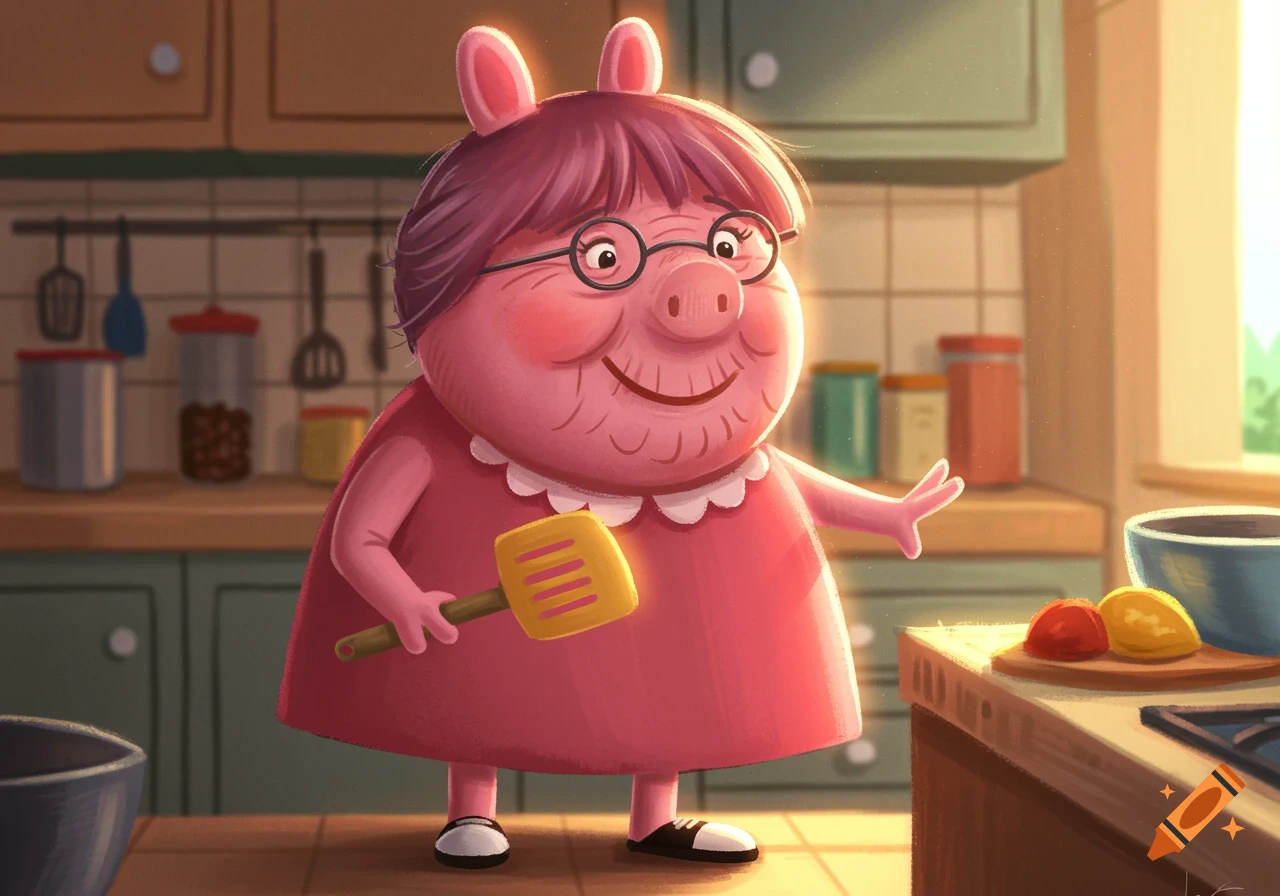 Illustration of an older version of Peppa Pig in a kitchen, holding a ...