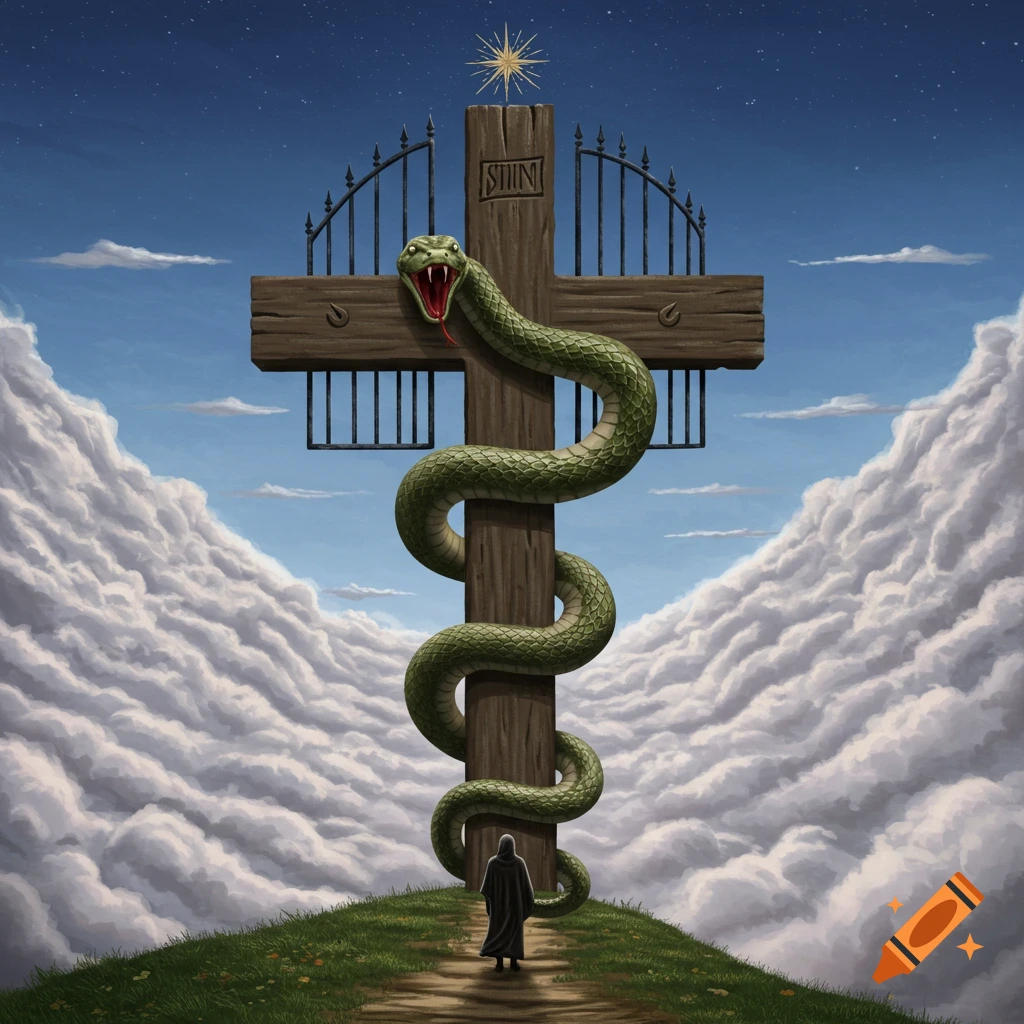 A figure stands before a large cross wrapped in a snake, leading to ...