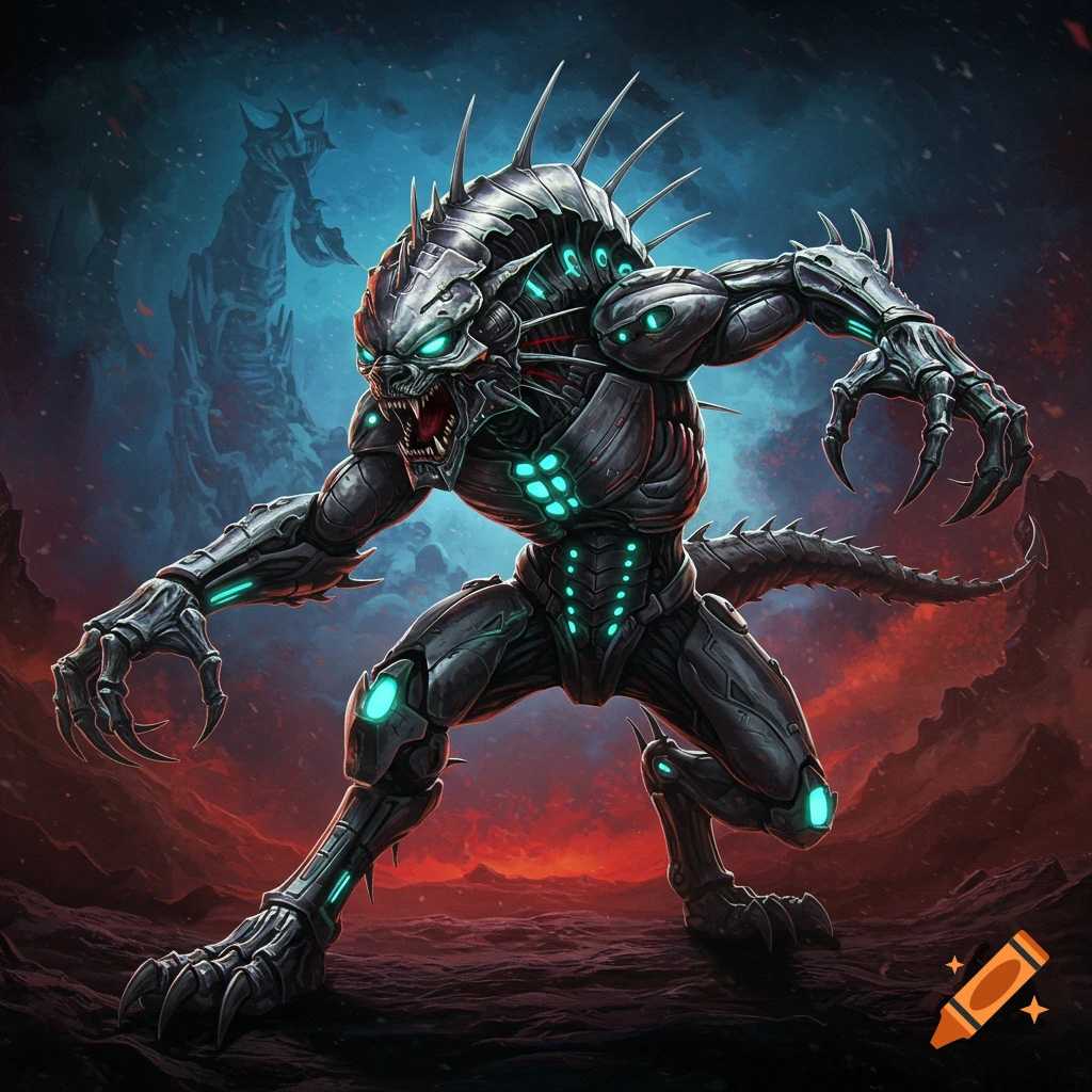 Detailed cyborg monster standing in a red and blue sci-fi landscape on ...