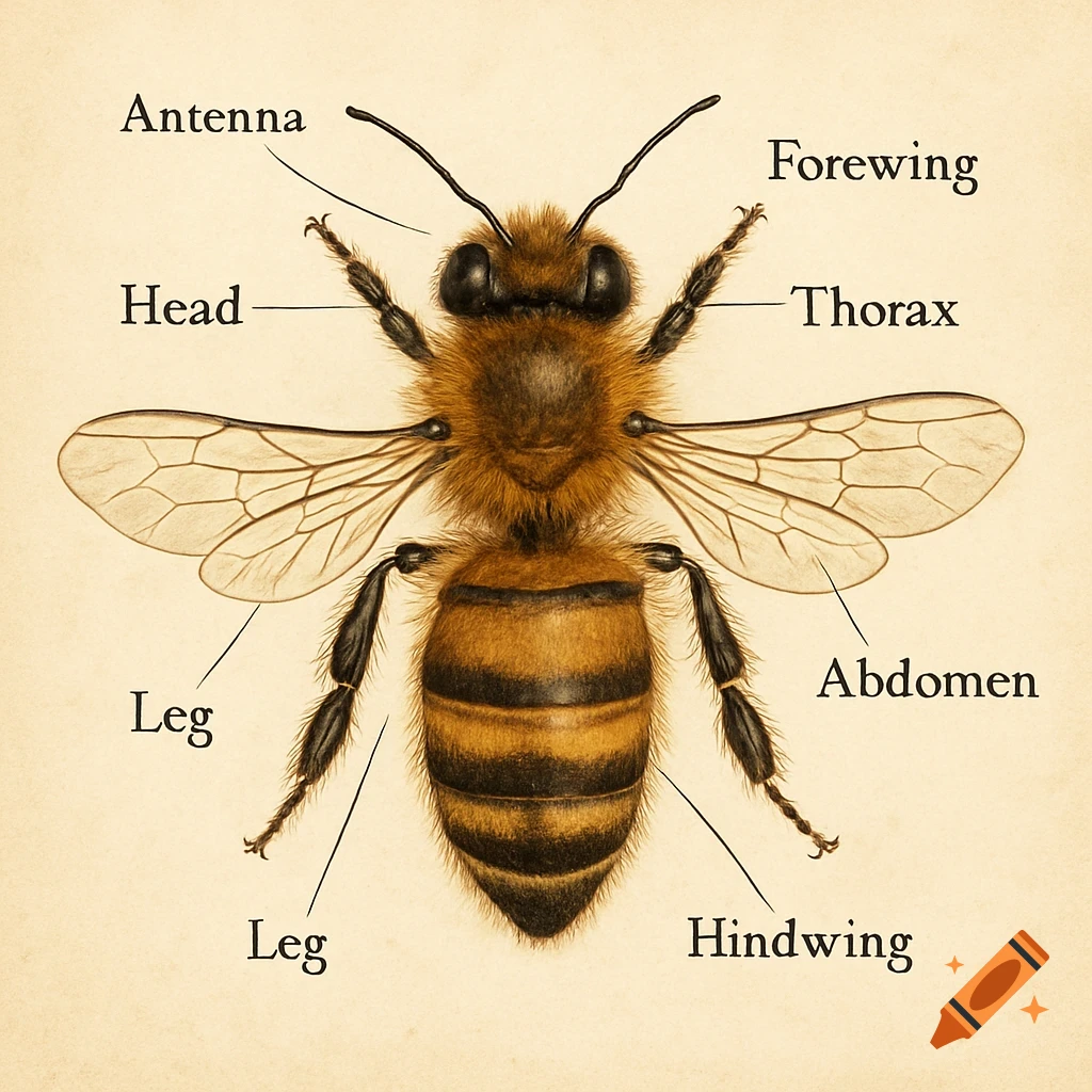 Scientific illustration diagram of a bee with anatomical labels. on Craiyon