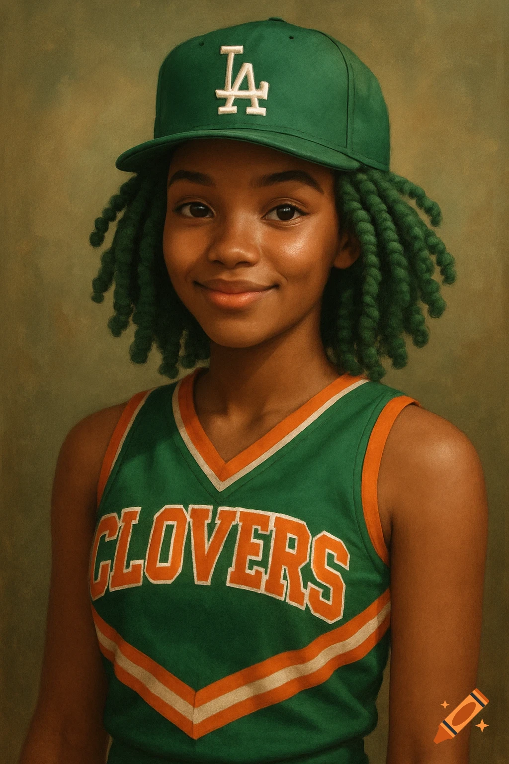 Portrait of a smiling young Black woman in a green cheerleader uniform ...