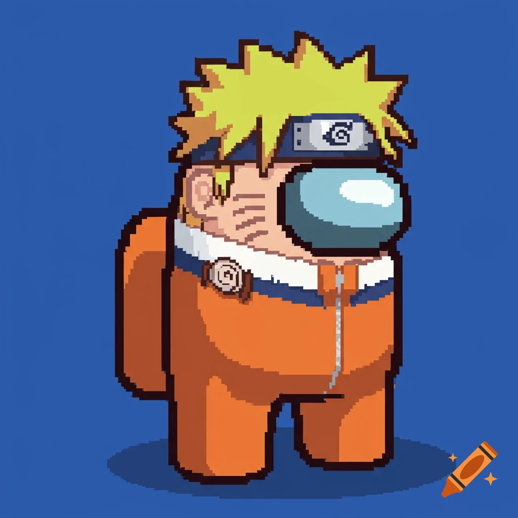 Pixel art sprite of an Among Us crewmate dressed as Naruto. on Craiyon