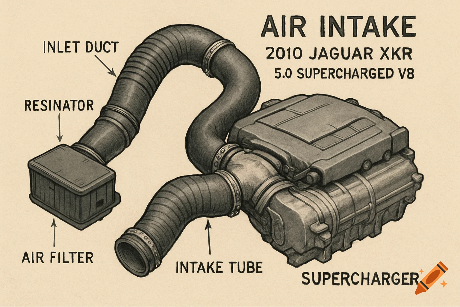 Monochrome technical drawing of a 2010 Jaguar XKR air intake system ...