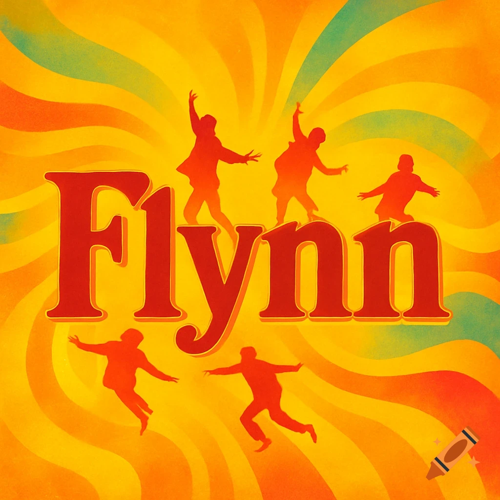 Psychedelic graphic with red 'Flynn' text and orange silhouettes on a ...